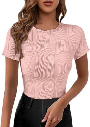 Generic T-Shirt pour Femme &agrave; col Rond Haut D&eacute;contract&eacute; en Maille Extensible Motif Ondul&eacute; Y2K Basic Tops