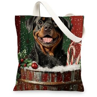 Generic Sac fourre-tout en toile r&eacute;utilisable &agrave; motif de chien Rottweilers de No&euml;l pour faire du shopping, 33 x 38,1 cm, sac d&eacute;picerie r&eacute;utilisable pour femme