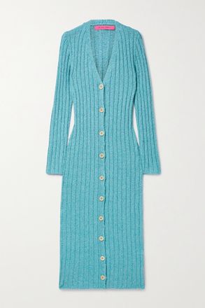 The Elder Statesman June Midikleid Aus Einer Gerippten Mischung Aus Baumwolle, Leinen Und Seide - Blau