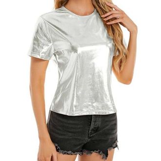 Generic T Shirt pour Femme Paillettes Manches Courtes Col V Brillant M&eacute;tallis&eacute; Glitter Grande Taille Chic Basique Paillettes Haut D&eacute;contract&eacute;e Brillante Sequi