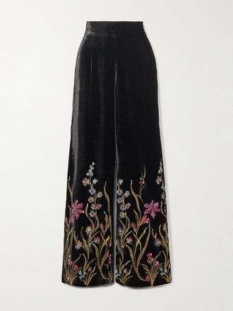 Loretta Caponi Cipro Hose Mit Weitem Bein Aus Samt Mit Stickereien - Schwarz