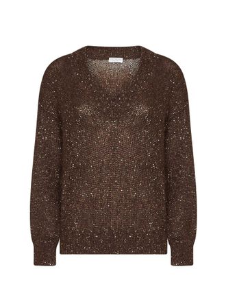 Brunello Cucinelli Paillette-Embellished Cotton Knit Sweater - Brown