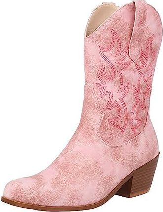Rismart Femme Western Bottes de Cowboy mi-mollet Brodée Chaussures de Cowgirl Rose,41.5