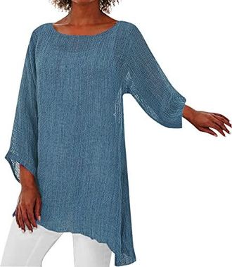 Generic Cihdmfb Chemisier en lin pour femme - Vintage - Couleur unie - Grandes tailles - Col rond - Manches 3/4 - Coton et lin - Ourlet asymétrique - T-shirt 