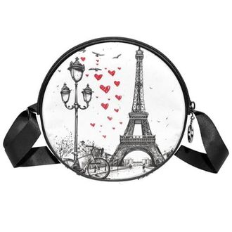 Generic Sac &agrave; bandouli&egrave;re circulaire pour femme, tour Eiffel ancien, coeurs, petit sac &agrave; dos &agrave; bandouli&egrave;re avec fermeture &eacute;clair, bretelles r&eacute;glables, sac &agrave; m
