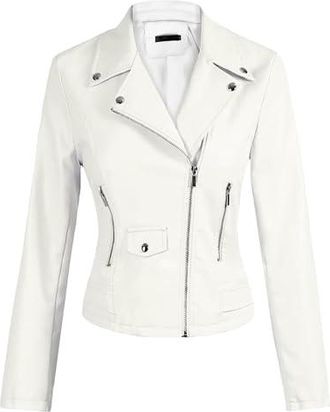Generic Veste en similicuir zippée pour femme, manteau matelassé de motard, tenues de moto tendance, vêtements dhiver pour femme, blanc, taille L