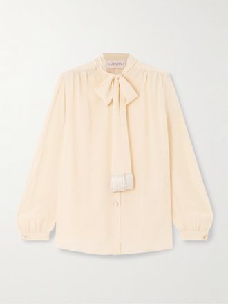 Valentino Garavani Chemisier En Mousseline De Soie &Agrave; Noeud Lavalli&egrave;re Et &Agrave; Franges - Orange