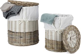 Relaxdays Wäschekorb Rattan, rund, 2er Set, Flechtoptik, abnehmbarer Deckel, weißer Stoffeinsatz, 30 & 60 L, natur/weiß