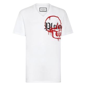 Philipp Plein Homme, Tops, Blanc, Taille: 2XL T-shirt V-Neck SS Graffiti with Crystals