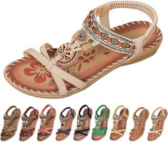 Generic Sandales plates pour femme Bohème Perles T-Bar élastique Sangle de cheville Fleur Mode Confortable Chaussures pour lété Open Toe Outdoor Beach Casual 