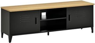 HOMCOM Meuble TV Banc TV pour téléviseurs de 55 avec 2 Placards Pieds Réglables Cadre métalique Noir Plateau en Bois Naturel 150 x 40 x 50 cm