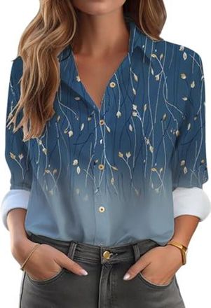 Minetom Chemisier Femme Elégant Col en V Manches Longues Imprimé Chemise Été Bouton Blouse Casual Travail Bureau Tunique Shirt Haut Tops A Bleu L
