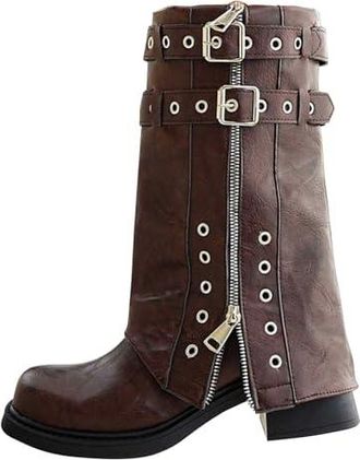 Generic Bottes mi-mollet antidérapantes pour femme avec boucle de ceinture décorative et fermeture éclair, café, 37.5 EU