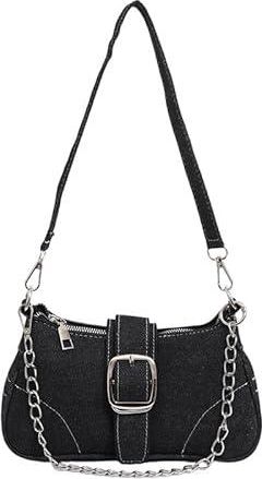 Generic Sac &agrave; bandouli&egrave;re en cha&icirc;ne en Denim pour femmes, avec boucle de ceinture, sac &agrave; main Hobo pour un usage quotidien (noir)