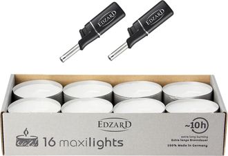 Edzard 16 St&uuml;ck Maxi Teelichter, Durchmesser 58 mm, wei&szlig;, ohne Duft, Aluminiumh&uuml;lle, Brenndauer 10 Stunden - plus 2 Mini-Stabfeuerzeuge L&auml;nge 11 cm