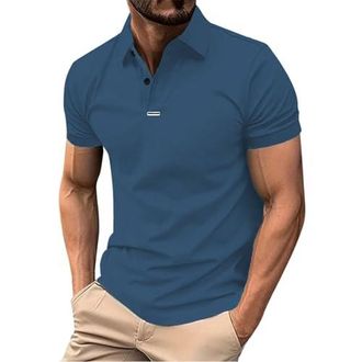Generic Polo pour homme europ&eacute;en, pur, color&eacute; et polyvalent avec col ample, boutonni&egrave;re, col ouvert, manches courtes de sport c&ocirc;tel&eacute;es, bleu, 3XL