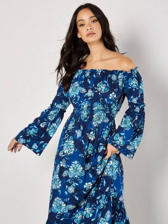 Apricot Maxikleid Floral Bardot Kleid mit Smokdetails