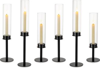 Nuptio Nuptio Glaszylinder für Kerzen Kerzenhalter Glas: 6 Stücke Metall Kerzenständer Stabkerzen Schwarz Groß Bodenlosen Zylinder Kerzen Windlicht Hochzeit 