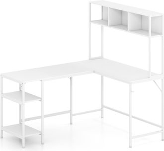 Giantex L-f&ouml;rmiger Schreibtisch, Gaming Tisch aus Holz mit B&uuml;cherregal, seitlichen Regalen & Haken, Eckschreibtisch mit rutschfesten F&uuml;&szlig;en, Computertisch f&uuml;r 