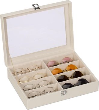 Relaxdays Brillenbox, 8 Brillen, Lederoptik, Samtbezug, Glasfenster, HxBxT: 8,5 x 33,5 x 24,5 cm, Brillenkoffer, weiß
