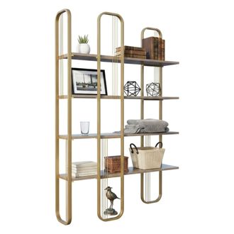 Dmora Regal Almena 125x28x180 cm Gold, 4 B&ouml;den, Bibliothek