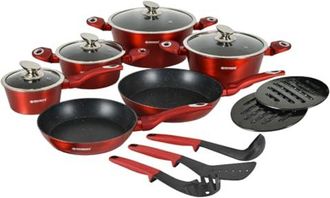 Herzberg Batterie de Cuisine 15 Pi&egrave;ces, en Aluminium, Rev&ecirc;tement Marbre, Casseroles, Po&ecirc;les, Couvercles en Verre, Ustensiles, Compatible Induction, Rouge