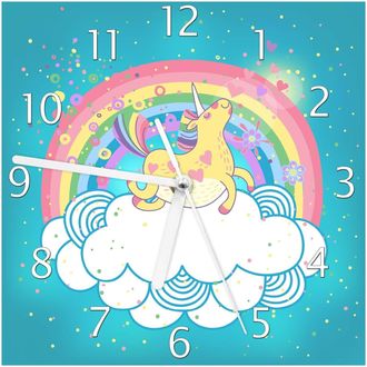Wallario Design-Wanduhr Lustiges Einhorn auf Einer Wolke vor Regenbogen aus Glas, Motiv-Uhr Größe 20 x 20 cm, weiße Zeiger