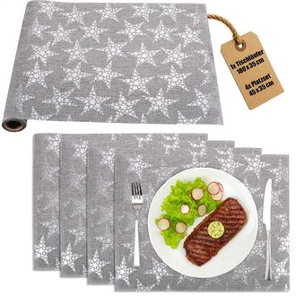 Com-Four 5-teiliges Tischset mit Tischläufer und Platzdeckchen - Tischband und Platzset für Weihnachten und Hochzeit - Teller Untersetzer für Tischdeko (grau/s
