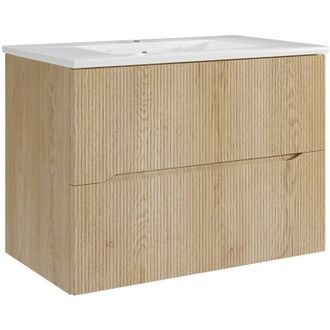 Vente-Unique Meuble de salle de bain suspendu stri&eacute; avec vasque &agrave; encastrer - Naturel clair - 80 cm - ORISO