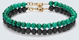 Mateo Bijoux Set aus zwei Armb&auml;ndern aus Malachit und Lavastein mit 14kt Gelbgold (585/1000)
