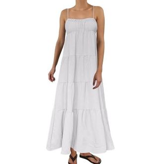 Generic Robe longue d&eacute;t&eacute; pour femme avec bordure contrast&eacute;e, bretelles spaghetti, tenues d&eacute;t&eacute;, voyage, vacances, sans manches, robe longue, Blanc., 5XL