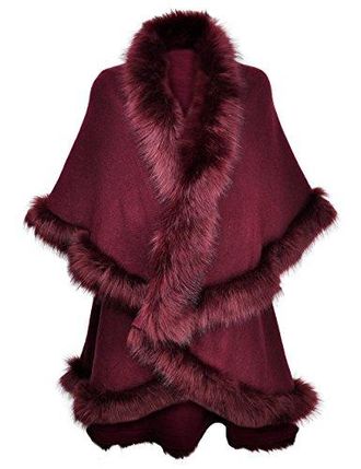 ZLYC Hiver Fausse Fourrure Cape Chaud Tricot&eacute; Ponchos Ch&acirc;le(Rouge Fonc&eacute;),Taille Unique