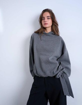 Topshop Kapuzenpullover in Anthrazit meliert mit Bindesaum und Ziernaht-Grau