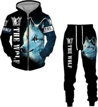 Generic Ensemble de vêtements de sport à capuche 3D imprimé loup pour homme avec fermeture éclair, 7, XXL