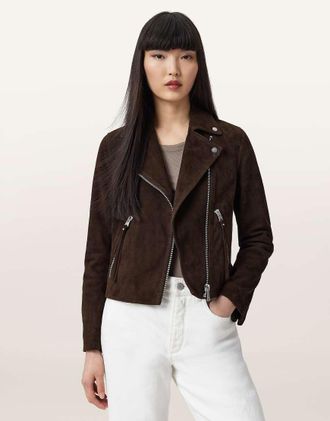 AllSaints Dalby - Bikerjacke aus Wildleder in Fango-Braun-Brown