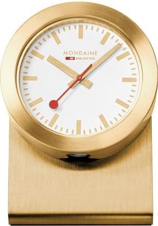 Mondaine Kleine Tischuhr mit Magnet, Gehäuse und Standfuß aus mattiertem, goldfarbenem Metall, Durchmesser: 50 mm, A6603031882SBG