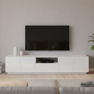 Dmora TV-Schrank Paul, niedriges Wohnzimmer-Sideboard, Fernsehst&auml;nder-Basis, 100 % Made in Italy, 220 x 43 x 46 cm, gl&auml;nzendes Wei&szlig;