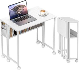 HOMCOM Bureau - HOMCOM - pliable - sur roulettes - 80 x 50 cm - &eacute;tag&egrave;re et sac de rangement - blanc
