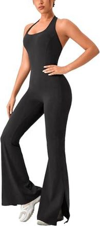 Feoya Combinaison &Eacute;vas&eacute;e Femme Dos Nu Une Pi&egrave;ce Jumpsuit Sans Manches Vetement de Sport Moulante Scrunch Butt Lift Yoga Gym Noir M