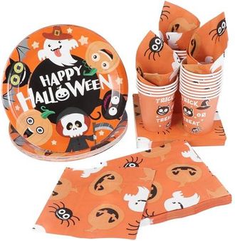 Hemoton Hemoton Service de table jetable pour Halloween - 24 personnes - Vaisselle en carton - Comprend 24 assiettes en carton, 48 serviettes et 24 gobelets