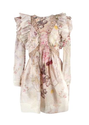 Zimmermann Dancer Ruffled Bead-Embellished Floral-Print Linen And Silk-Blend Organza Mini Dress Size M