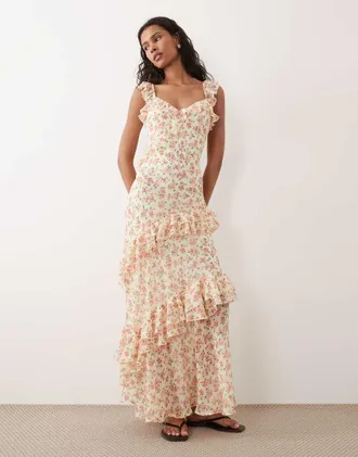 New Look Robe longue &agrave; volants et imprim&eacute; bouquet de fleurs - Jaune