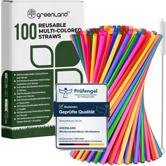 Greenland 100 Wiederverwendbare Buntfarbene Trinkhalme mit Bürste - 21 cm lang, 6 mm breit - Perfekt für Cocktails, Milch, Saft, Tee (Strohhalme)