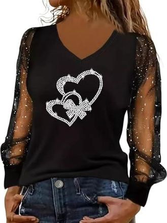 Generic Haut scintillant &agrave; manches longues pour femme - Chemisier &agrave; paillettes scintillantes - Haut graphique en forme de coeur &eacute;tincelant - Chemise de Saint-