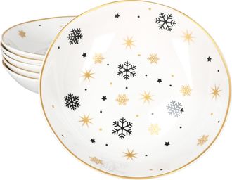 MamboCat 6er Set Stars schwarz & Gold Suppenteller I 500ml I 6 Personen I tiefer Steingut-Teller mit Sternen & Schneeflocken für Salat, Suppe, Reis & Pasta