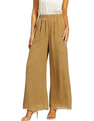 Generic Pantalon de plage en mousseline de soie pour femme - Jambes larges - Taille &eacute;lastique - Double couche, kaki, XXL