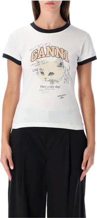 Ganni Femme, Tops, Blanc, Taille: 38 FR Kitty Cat T-shirt
