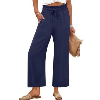 Generic Pantalon d&eacute;t&eacute; 3/4 en mousseline pour femme - Pantalon d&eacute;t&eacute; l&eacute;ger en lin - Avec poches - D&eacute;contract&eacute; - Pantalon en tissu &eacute;lastique et confortable - Pou