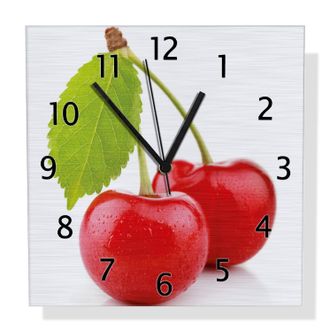 Wallario Design Wanduhr Saftige S&uuml;&szlig;-Kirschen mit gr&uuml;nem Blatt aus Aluverbund, Alu-Uhr Gr&ouml;&szlig;e 30 x 30 cm, Schwarze Zeiger mit Metalloptik