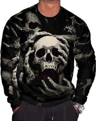 Generic Sweat-shirt dHalloween pour homme, imprim&eacute; squelette fant&ocirc;me et col rond - Chandail de vacances, T&ecirc;te de mort noire., XXL